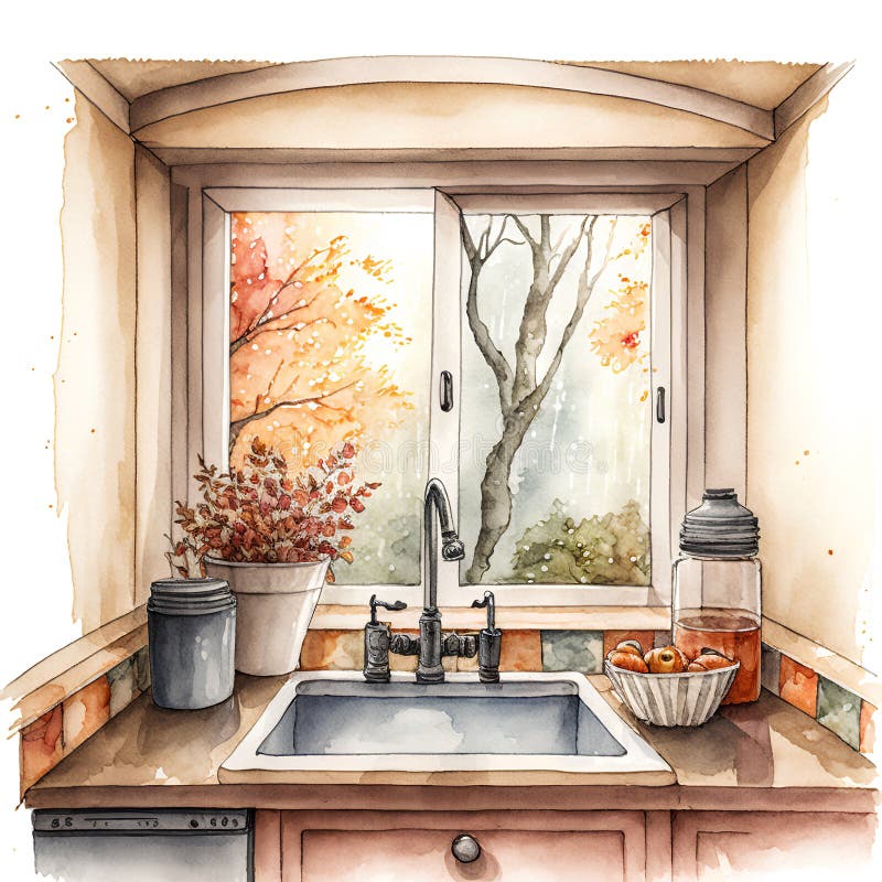 Watercolor Illustration of a Modern Kitchen with a View of the Autumn ...