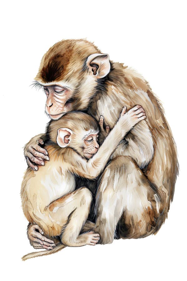 A Watercolor Illustration, Mother Monkey with Her Cub Giving Her ...