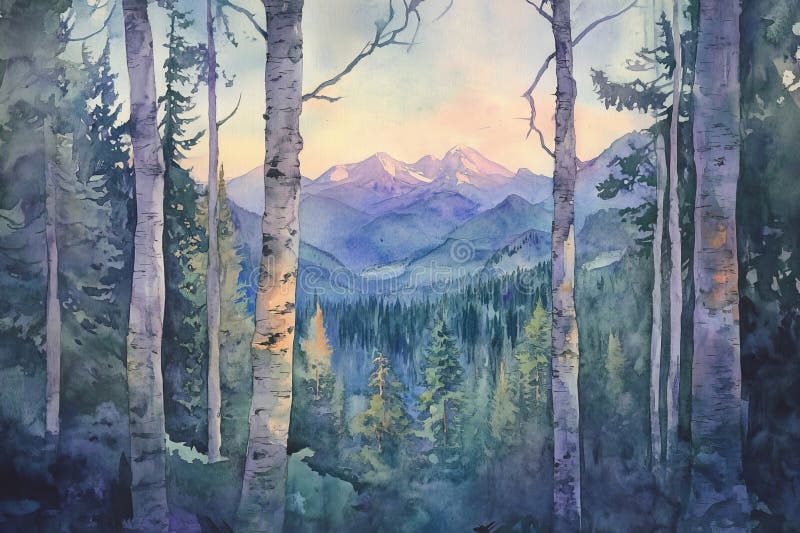 Watercolor Illustration of a Mountainous Forest Scene, Drawn by Hand ...