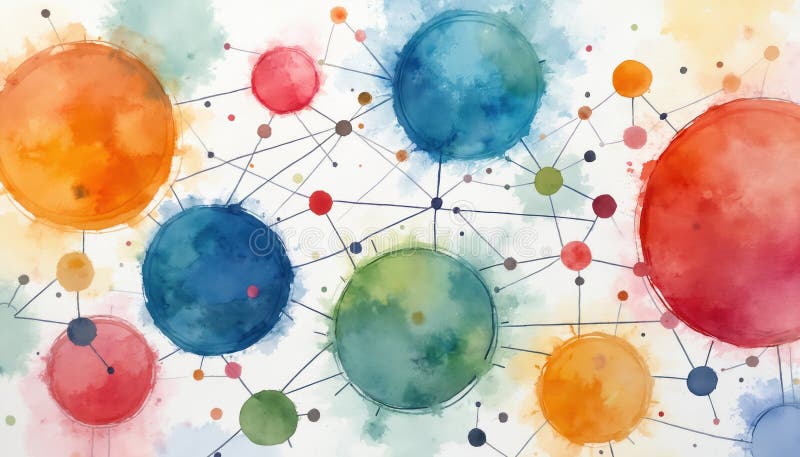 Watercolor Illustration of Network Structure with Vibrant Circles ...