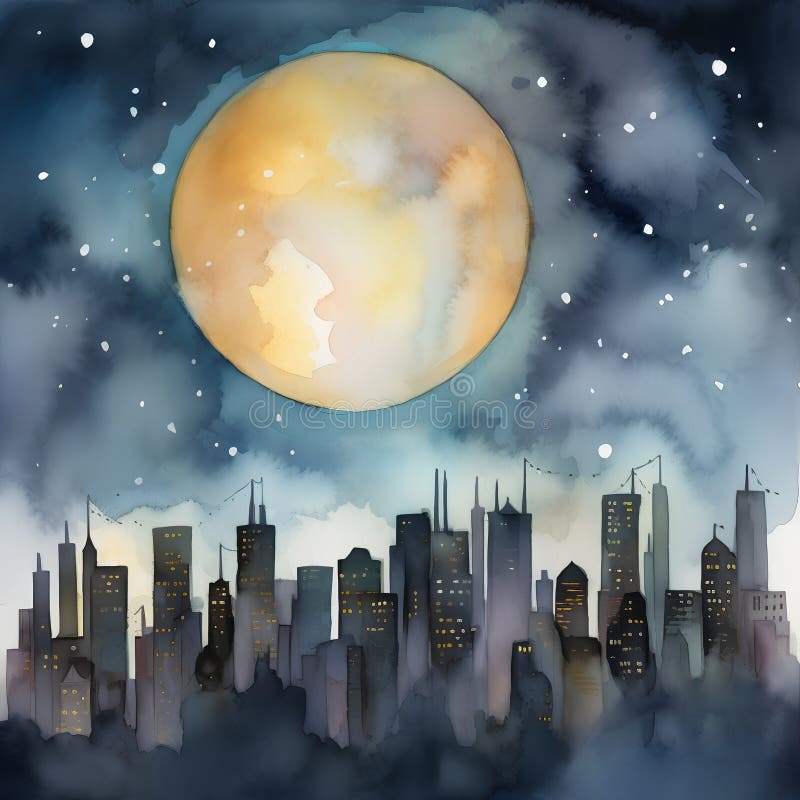 Watercolor Illustration of a Night Cityscape with a Full Moon. Stock ...