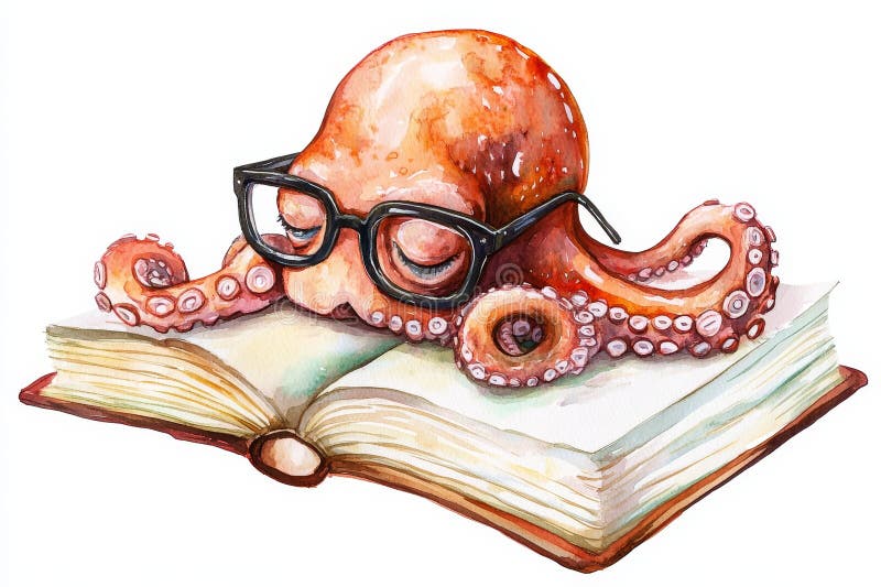 A Watercolor Illustration of an Octopus Wearing Glasses and Reading a ...