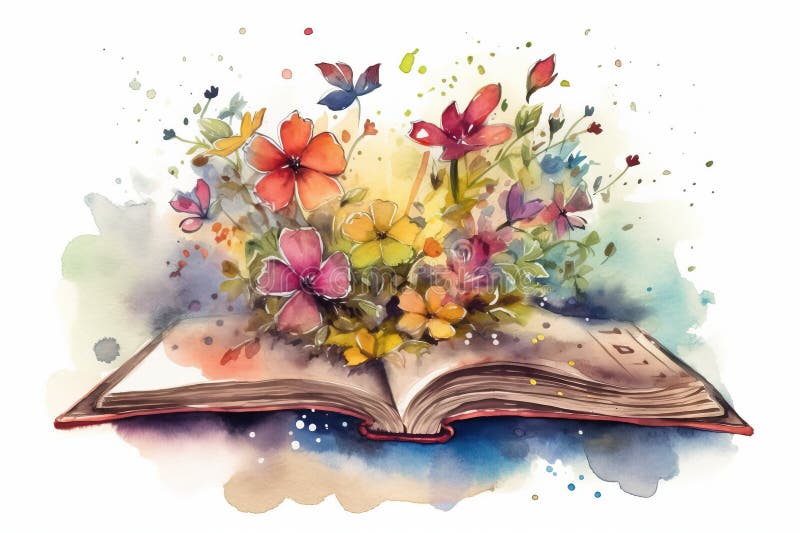 Watercolor Illustration of Open Magic Book with Colorful Flowers Stock ...