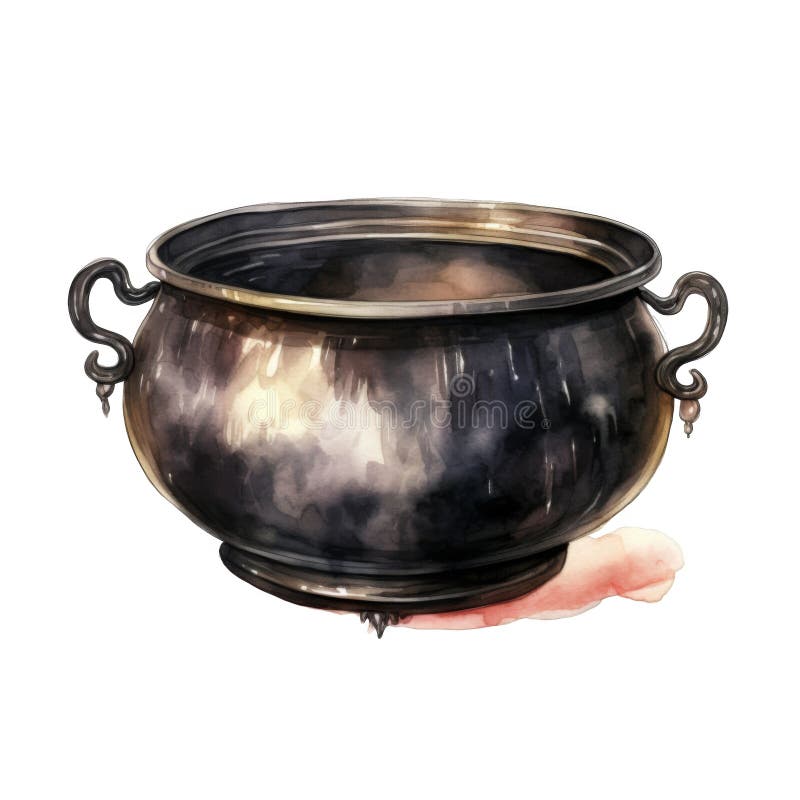 Watercolor Illustration of an Ornate Black Cauldron with Handles Stock ...