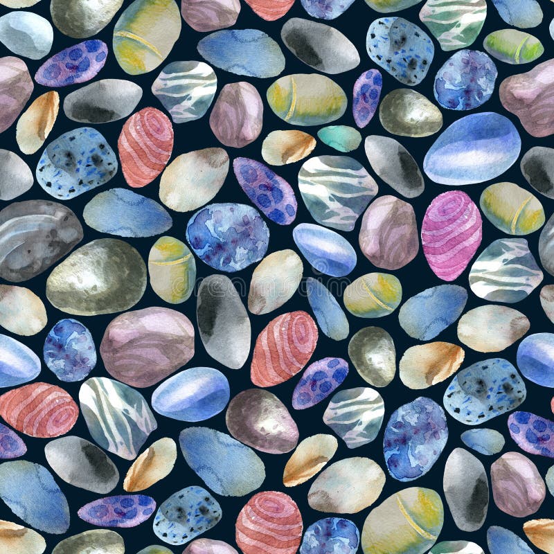 Watercolor Illustration, Pattern. Sea Stones on a Dark Blue Background ...
