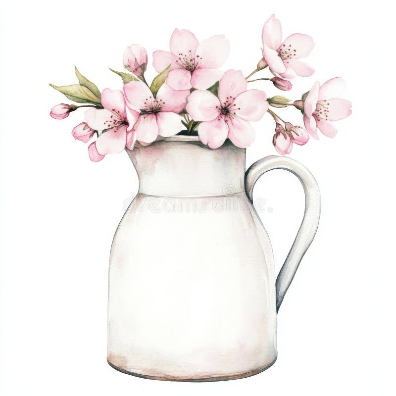A Watercolor Illustration of Pink Spring Flowers in a Pitcher on a ...