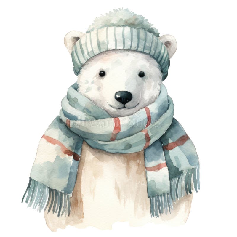 Watercolor Illustration of a Polar Bear Dressed in a Warm Hat and Scarf ...