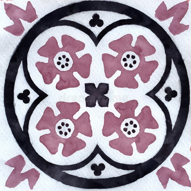 Watercolor Illustration of Portuguese Ceramic Tiles Pattern Stock Photo ...