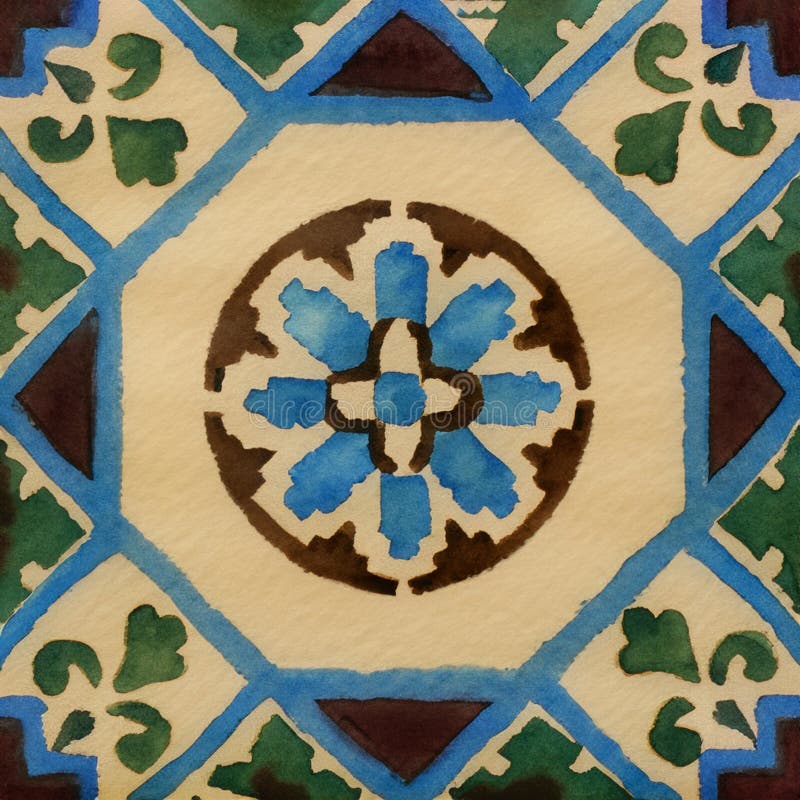 Watercolor Illustration of Portuguese Ceramic Tiles Pattern Stock ...