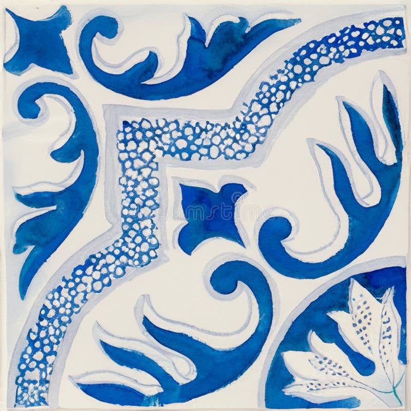 Watercolor Illustration of Portuguese Ceramic Tiles Pattern Stock Image ...