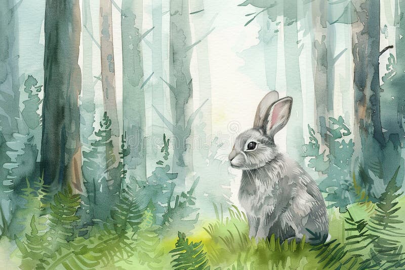 Watercolor Illustration of Rabbit in Forest. Generative AI. Stock ...