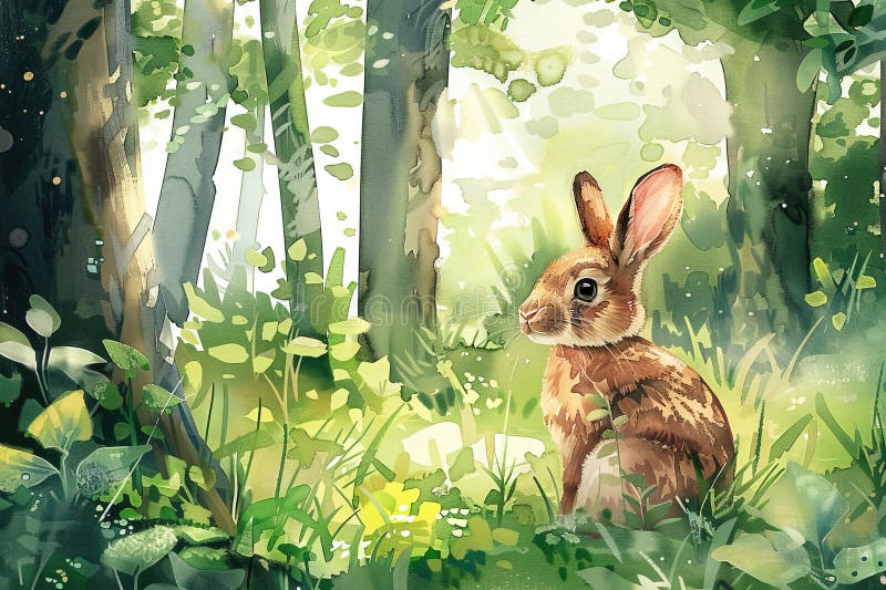Watercolor Illustration of Rabbit in Forest. Generative AI. Stock ...