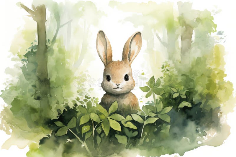 Watercolor Illustration of Rabbit in Forest. Generative AI. Stock ...