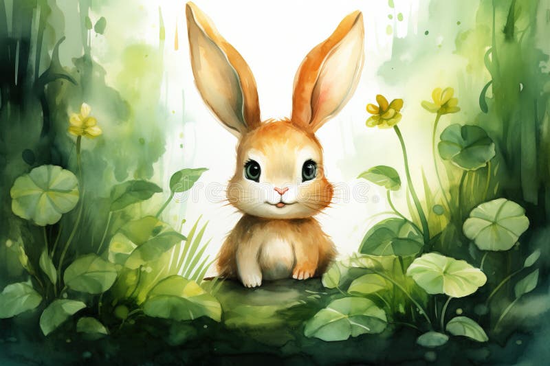 Watercolor Illustration of Rabbit in Forest. Generative AI. Stock ...