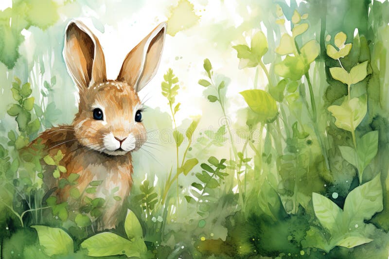 Watercolor Illustration of Rabbit in Forest. Generative AI. Stock ...