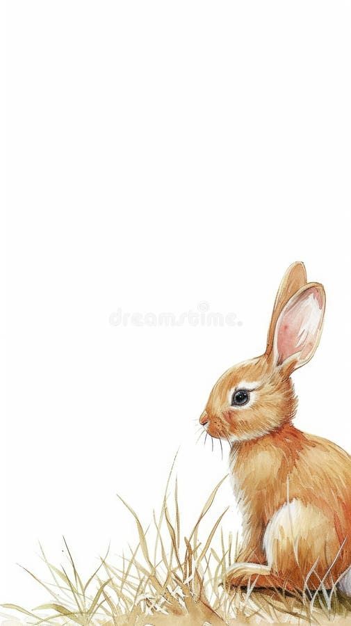 Watercolor Illustration of a Rabbit in a Sparse Grassy Field Stock ...