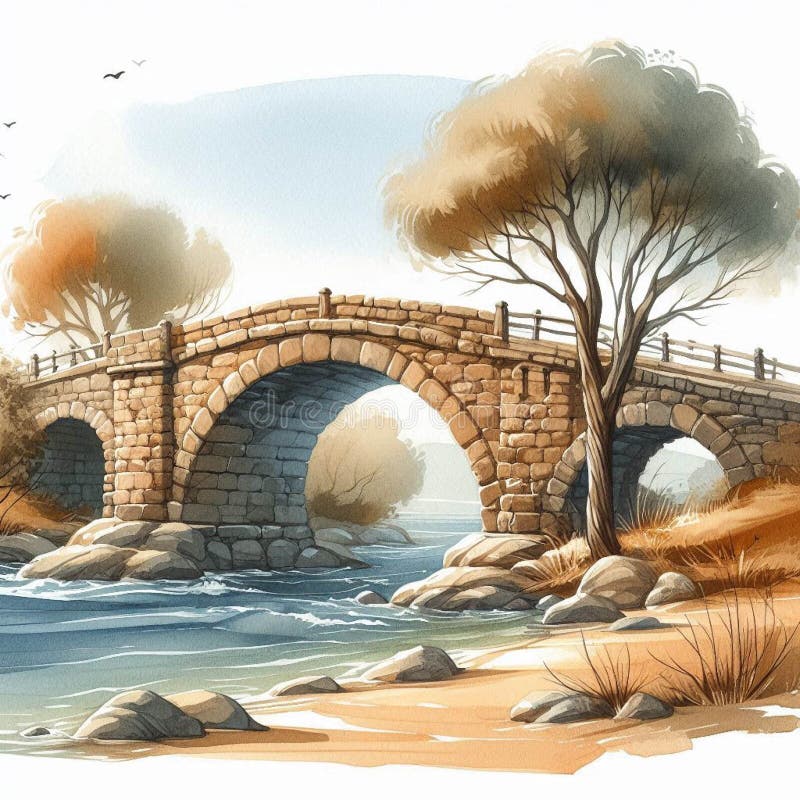 Watercolor Illustration of a Realistic Historical Stone Bridge Over a ...