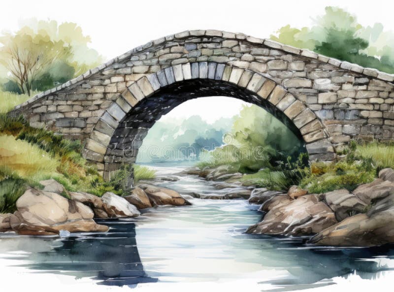 Watercolor Illustration of a Realistic Historical Stone Bridge Over a ...