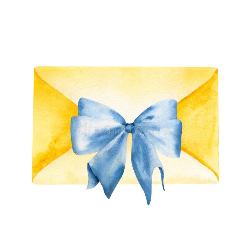 Watercolor Illustration of Rectangular Closed Envelope with a Blue Bow ...