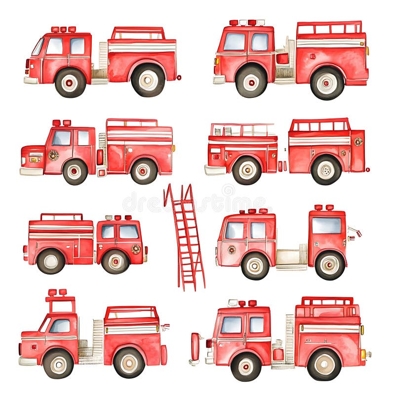 Watercolor Illustration of Red Fire Trucks from Different Angles Stock ...