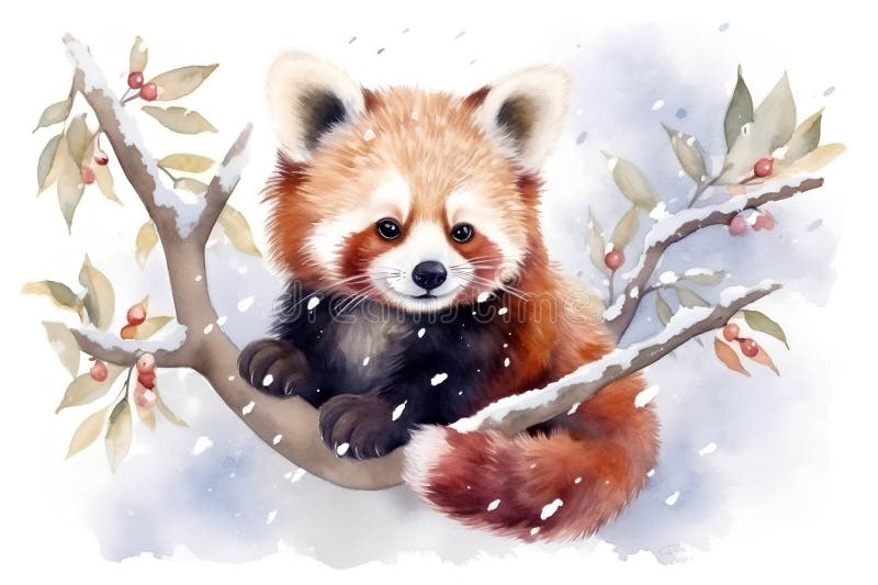 Watercolor Illustration of a Red Panda Sitting on a Branch. Stock ...