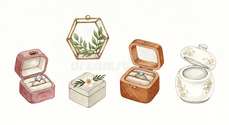 Watercolor Illustration of Ring Boxes and Keepsake Jar Stock ...