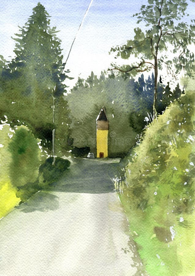 Watercolor Illustration of a Road in a Park Stock Illustration ...
