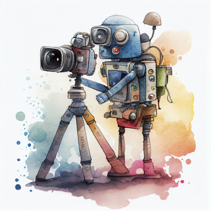 Watercolor Illustration of a Robot Photographer with Camera and Tripod ...