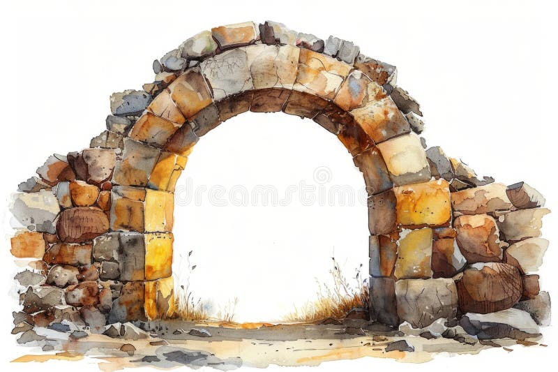 Watercolor Illustration of a Rustic Stone Arch in Nature Stock Image ...