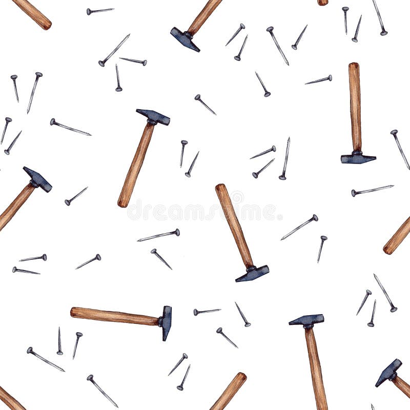 Watercolor Illustration Seamless Pattern Iron Nail and Hammer Icon ...