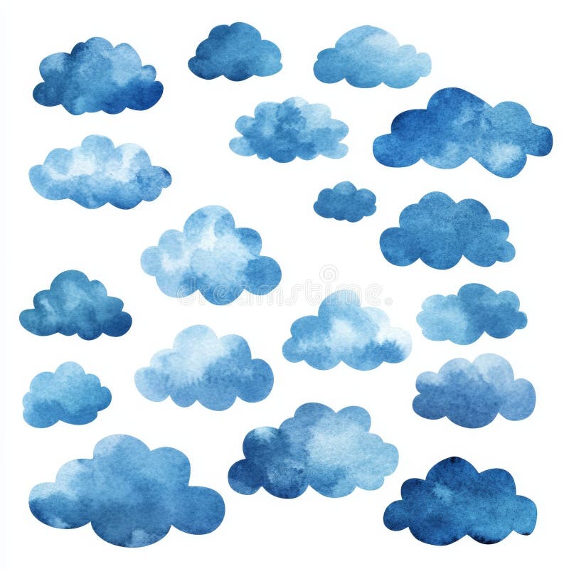 A Watercolor Illustration Set with a Blue Ink-painted Sky and Clouds ...