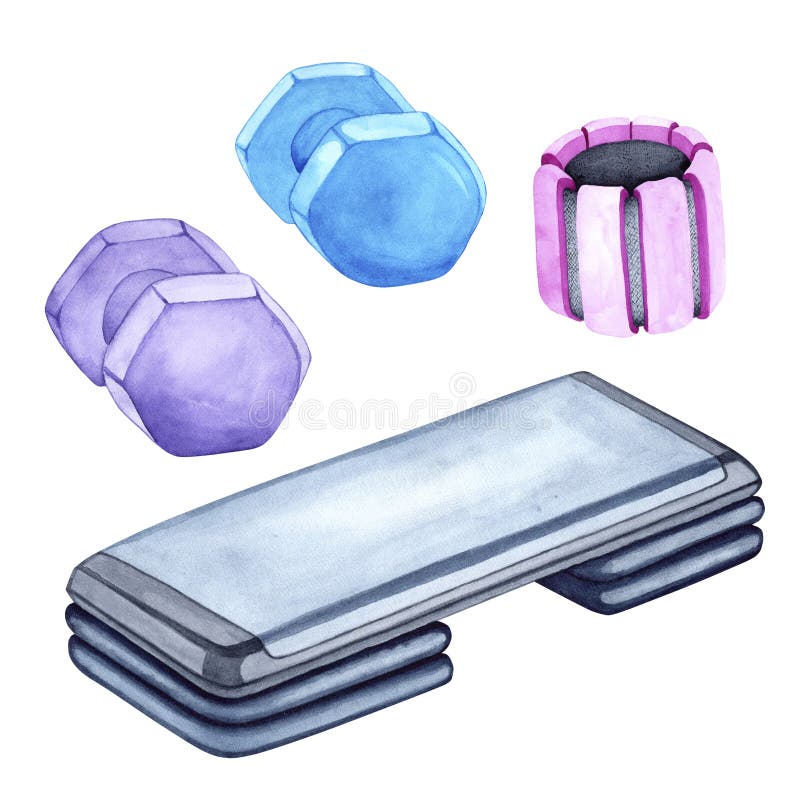 Watercolor Illustration of a Set of Dumbbells and a Step for Aerobics ...