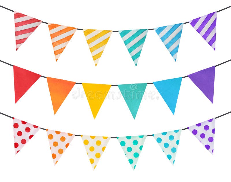 Watercolor Illustration Set of Party Garlands with Rainbow Colored ...