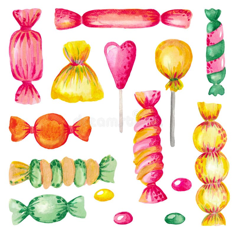 Watercolor Illustration Set of Sweets Candy Hand-painted. Bright ...