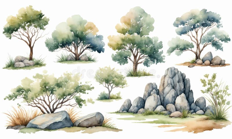 Watercolor Illustration of a Set of Trees and Rocks Stock Illustration ...