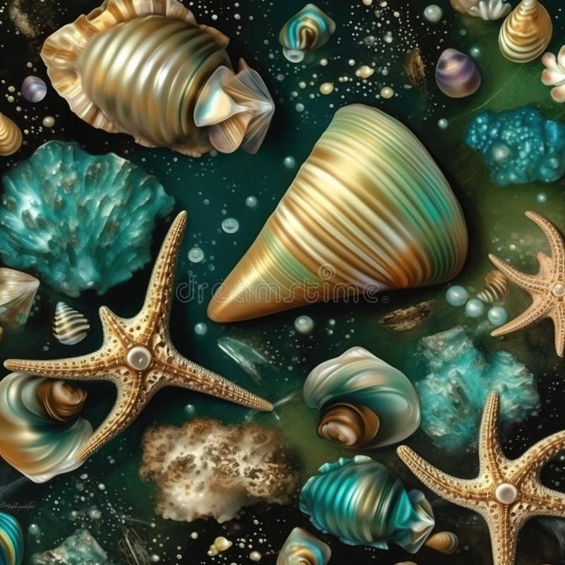 Generative AI: Illustration of Shells Collection on Glitter Background ...
