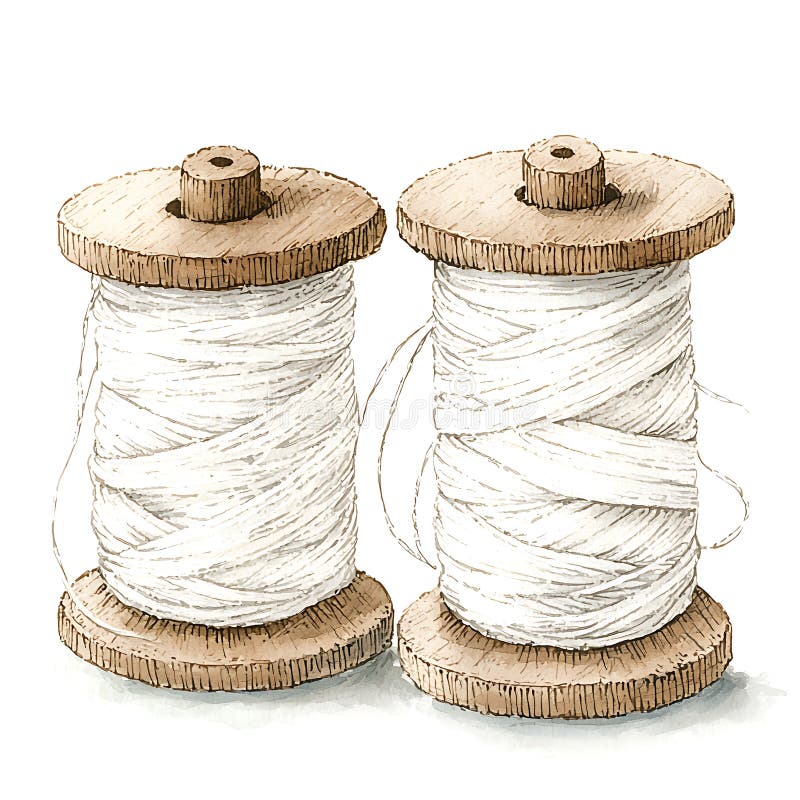 Watercolor Illustration of Two Spools of White Thread on Wooden Reels ...