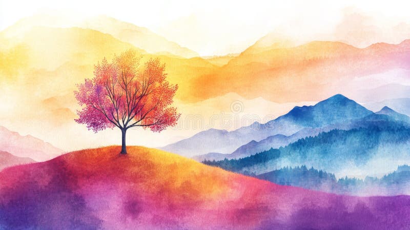 A Watercolor Illustration Shows Abstract Shapes in a Landscape with ...