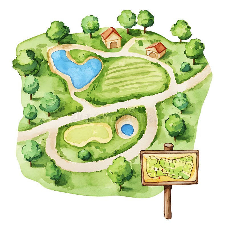 Watercolor Illustration of a Golf Course Map with a Small Map on a Sign ...