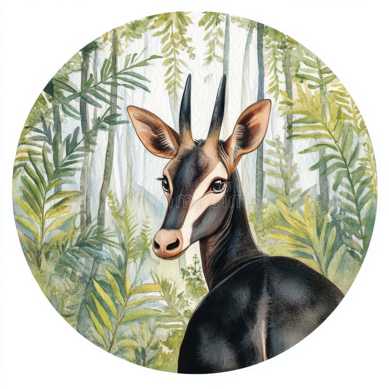 A Watercolor Illustration Shows an Okapi Coming Out of the Dense ...