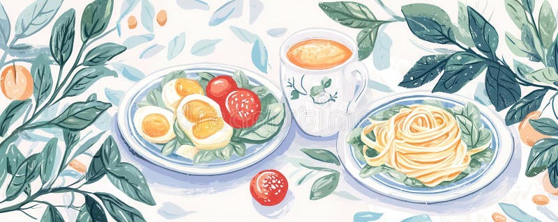 A Watercolor Illustration of a Simple Meal with Pasta, Eggs, Tomatoes ...
