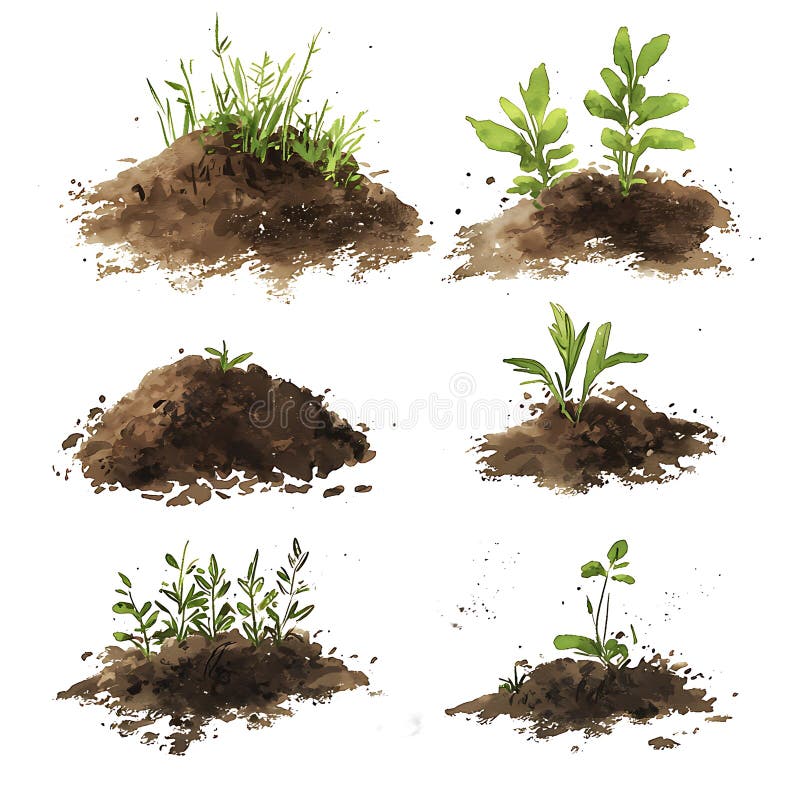Watercolor Illustration of Six Different Plants Growing in Soil Stock ...