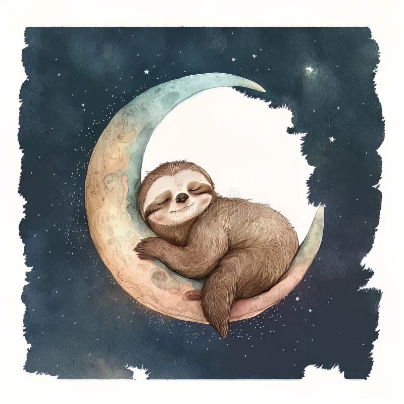 Watercolor Illustration of a Sloth Sleeping on the Moon. Generative AI ...