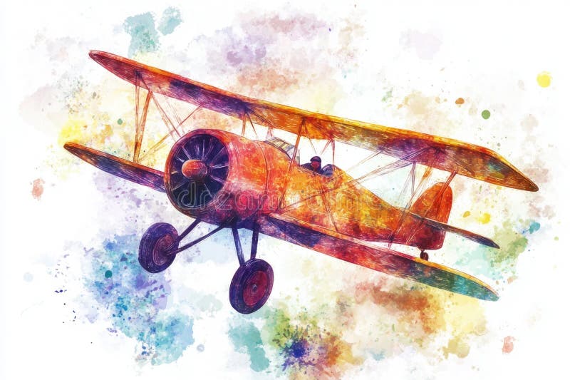 Watercolor Illustration of a Small Airplane Flying in the Sky Stock ...