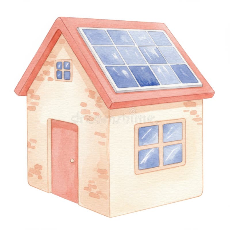 Charming Cottage Solar Panels Watercolor Illustration Sustainable ...