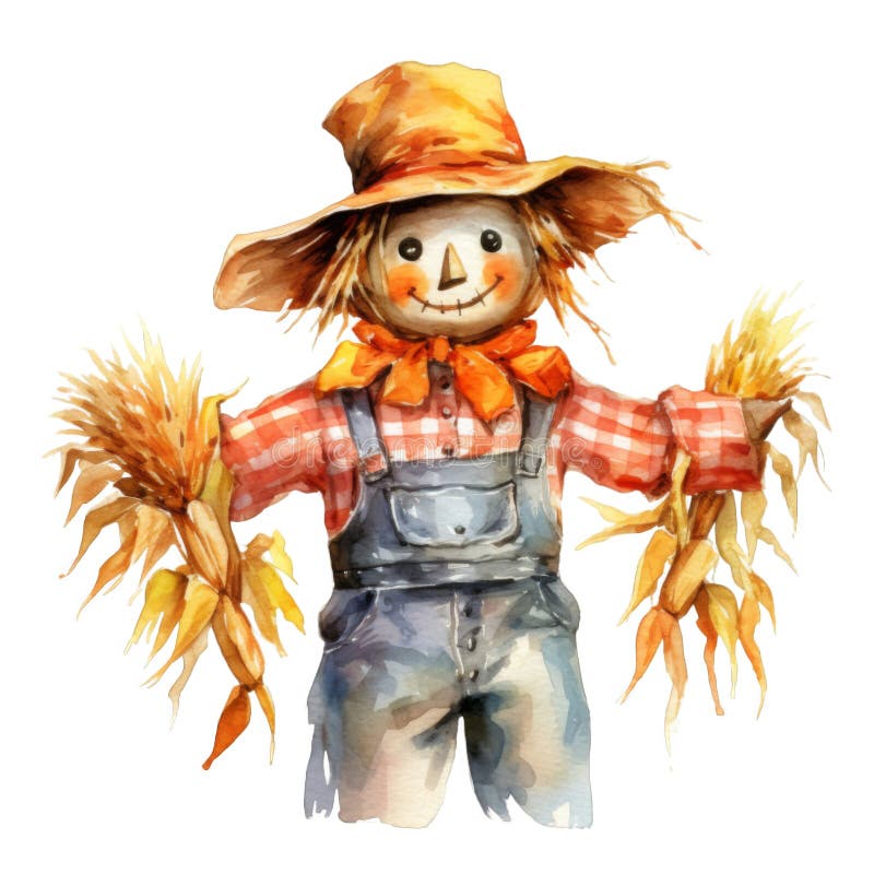 Watercolor Illustration of a Smiling Scarecrow Holding Corn Stock Photo ...