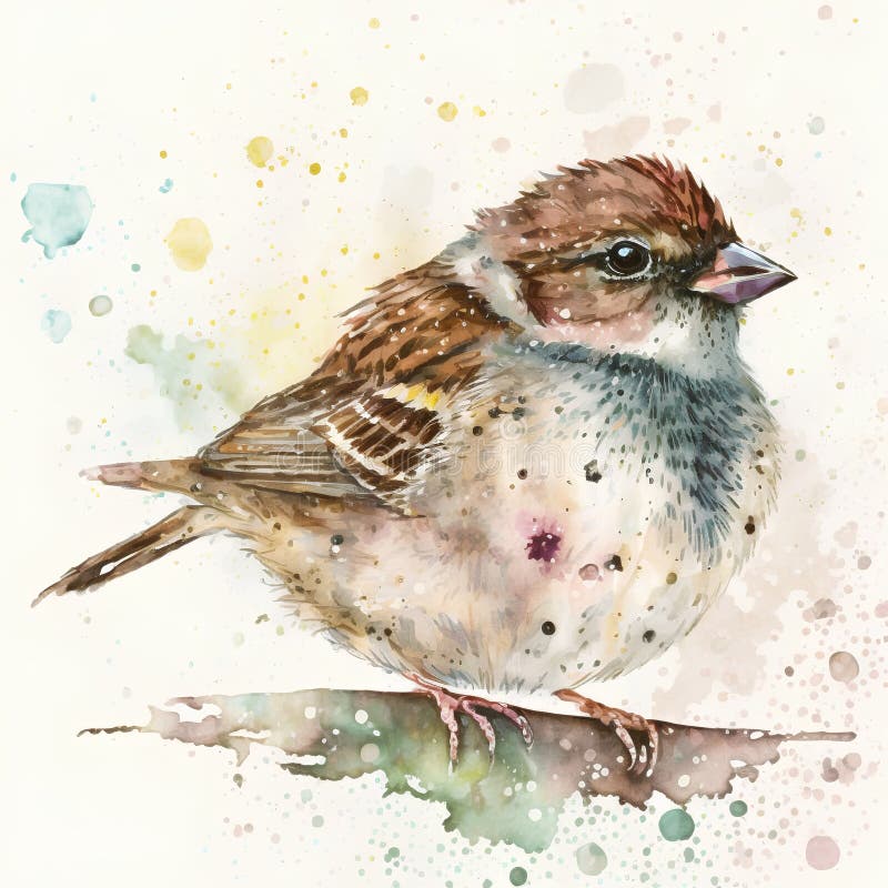 Watercolor Illustration of a Sparrow on a Branch with Watercolor ...