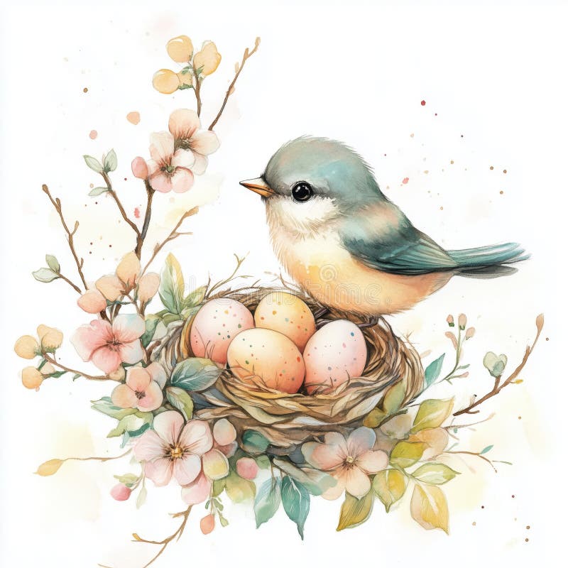 Watercolor Illustration of a Sparrow Perched on a Nest with Eggs ...