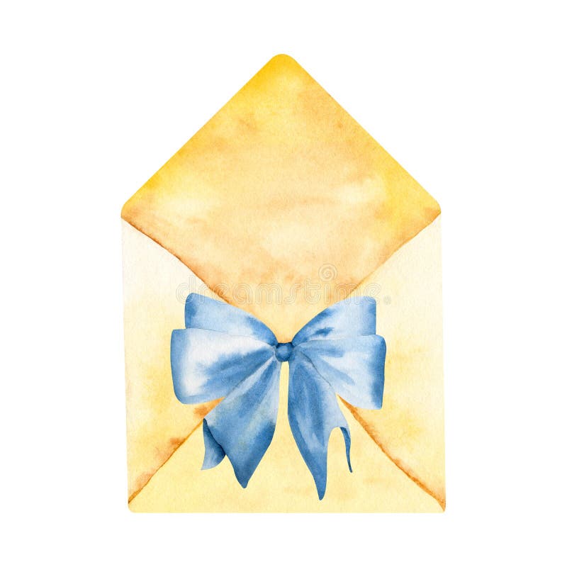 Watercolor Illustration of Square Envelope with a Blue Bow. Hand Drawn ...