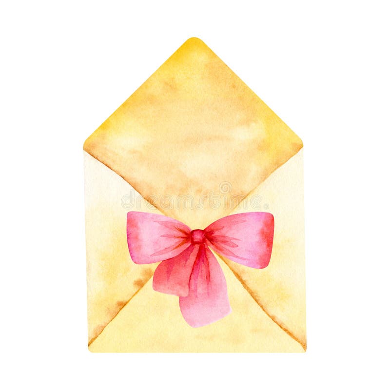 Watercolor Illustration of Square Envelope with a Red Bow. Hand Drawn ...